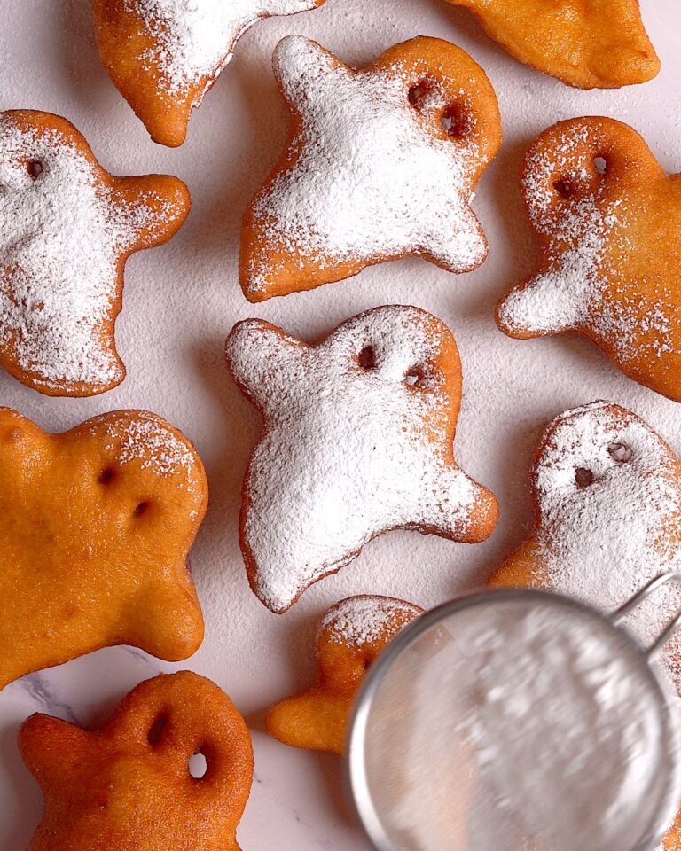 Ghost Beignets for Halloween-Yeast free recipe - Ems Foodie Fix